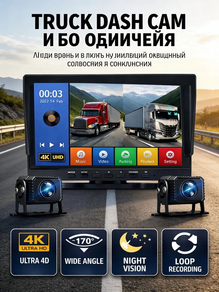 Видеорегистратор 10 дюймов, 2-канальный перед/зад, ультрачеткое изображение, MP5 плеер, голосовое управление, Super Night Vision, IP67 влагозащита, 12-36V
