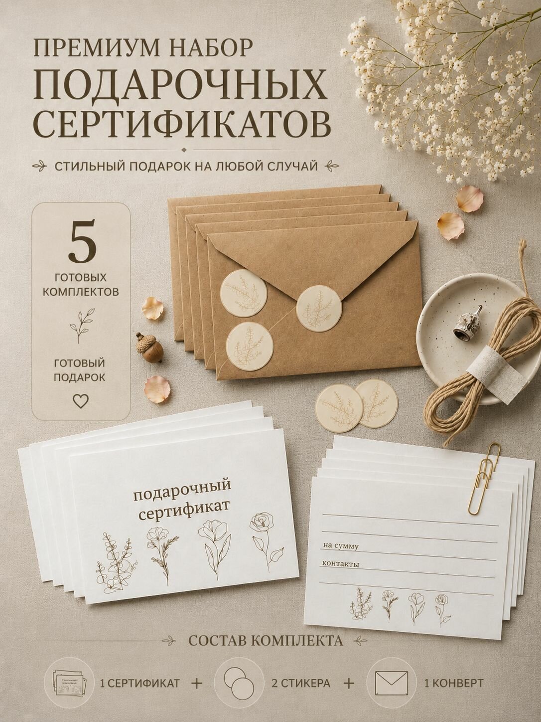 Подарочные сертификаты 5 шт, с конвертами