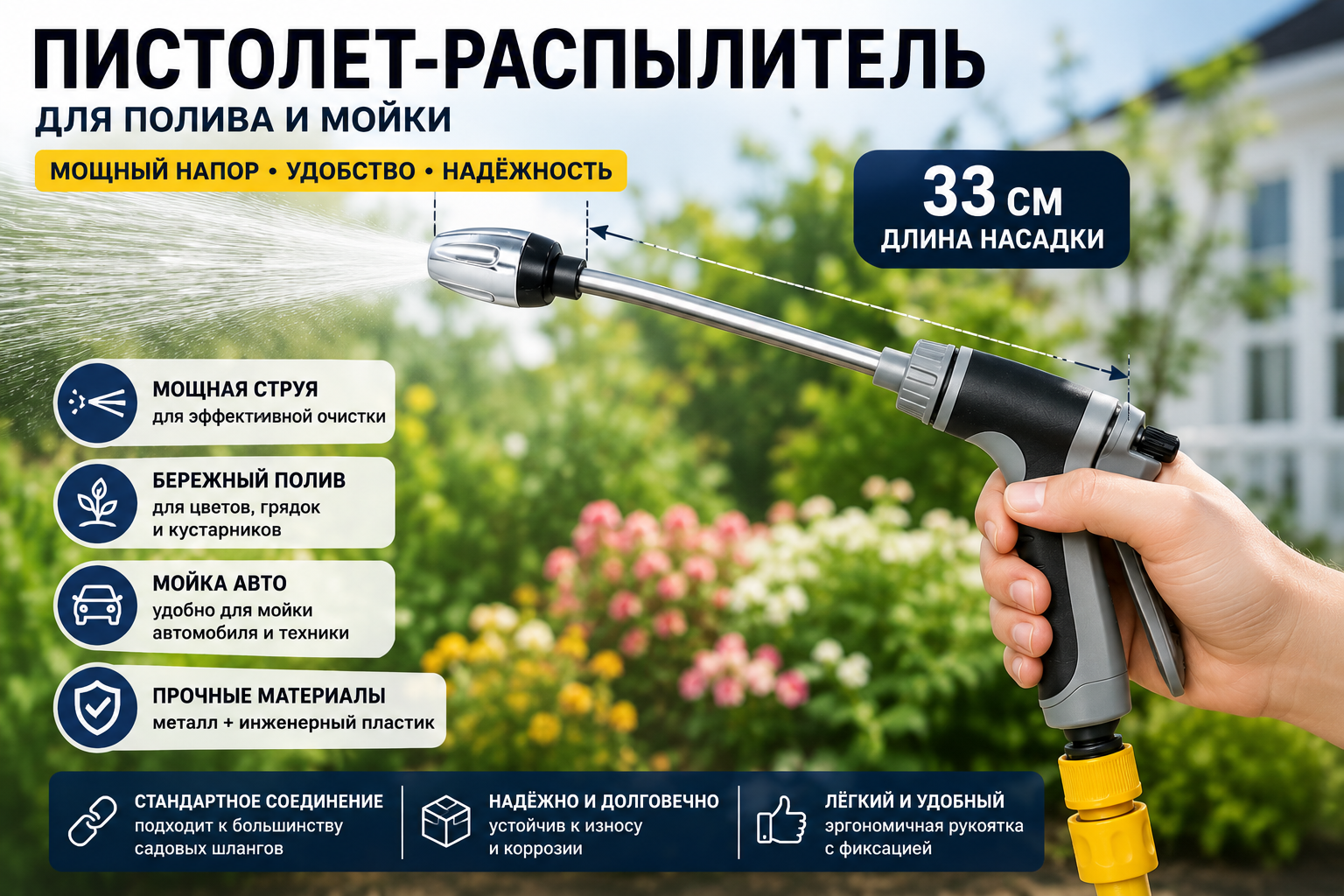 Пистолет-распылитель для садового шланга 33 см, металлическая длинная насадка, для полива и мойки авто