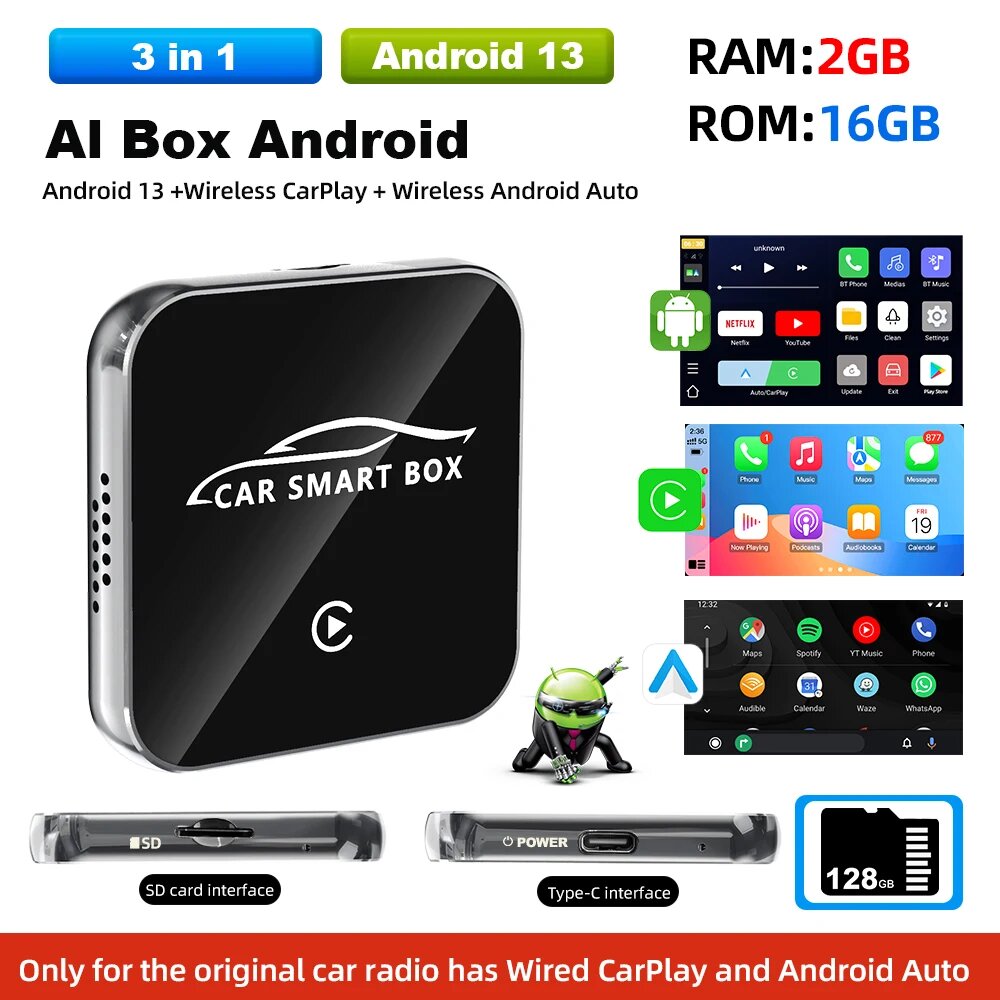 Grandnavi 3-в-1 CarPlay Ai Box Android 13 Беспроводной USB-адаптер Android Auto AI62 With 128G SD