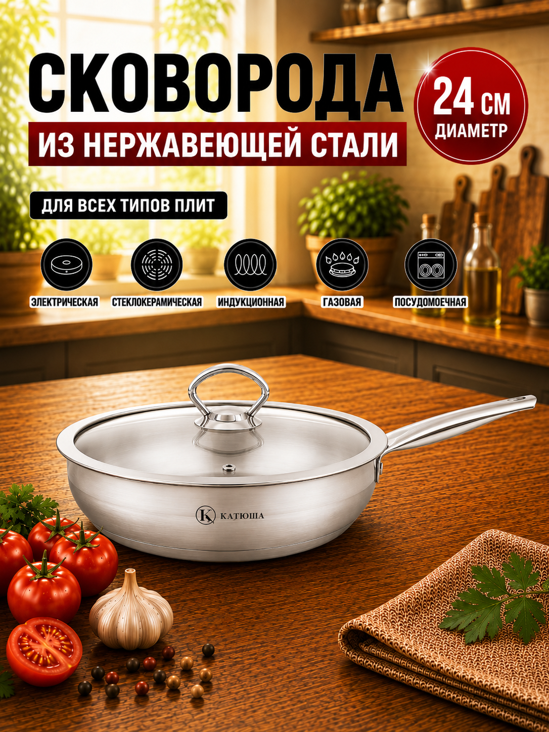 Сковорода София, нержавеющая сталь, 24 см, стеклянная крышка, Катюша