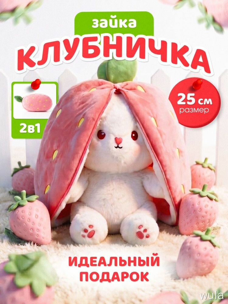 Плюшевый заяц в обложке-клубнике 25 см, wula, для детей, мягкая игрушка