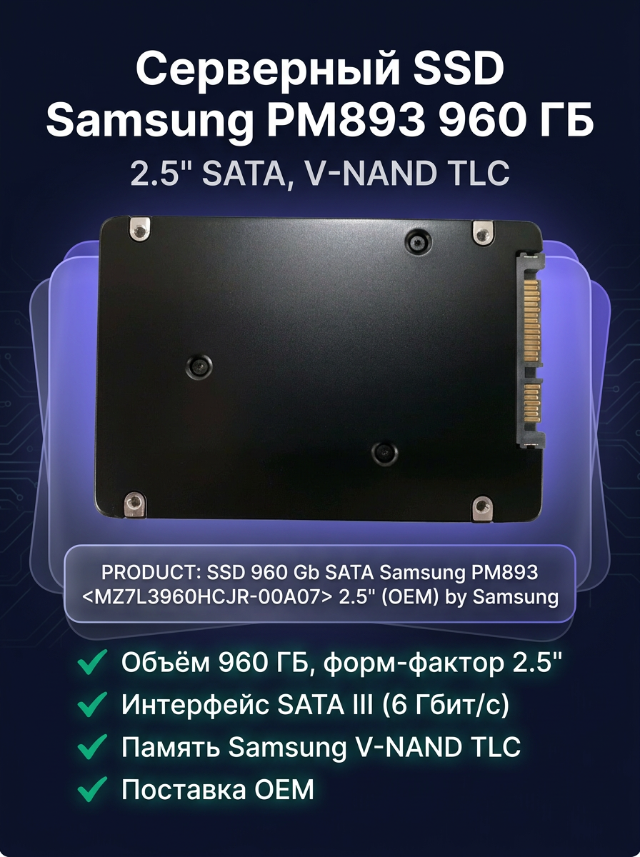 Твердотельный накопитель Samsung PM893 960 ГБ SATA III 2.5", MZ7L3960HCJR-00A07