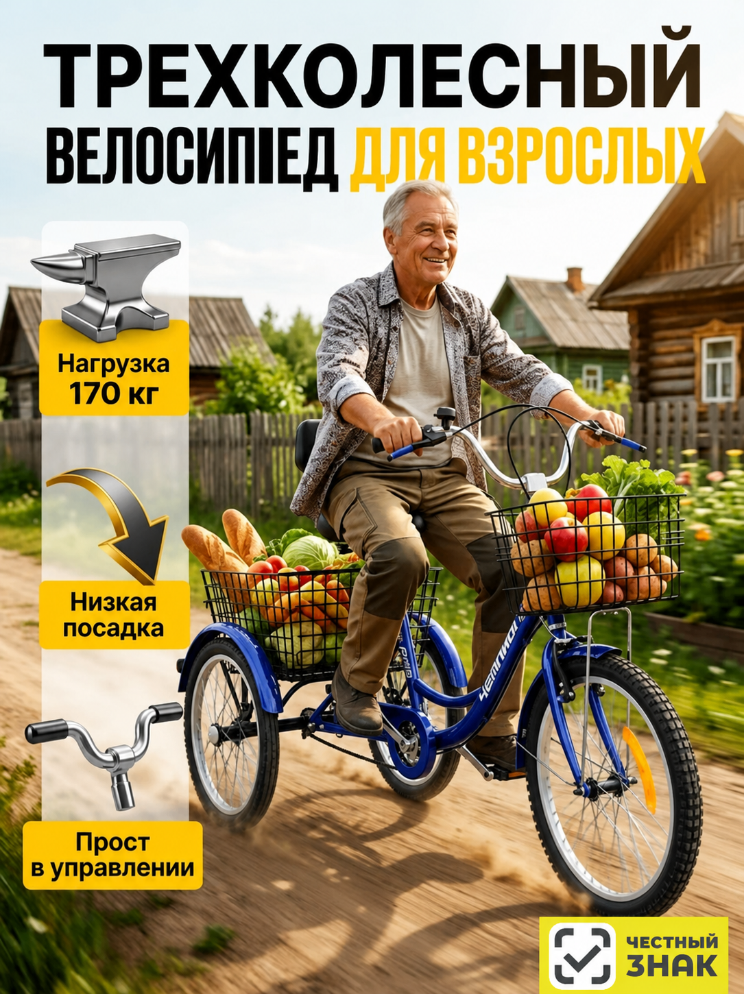 Трехколесный велосипед для взрослых РВЗ Чемпион 20 дюймов синий с корзинами и сиденьем со спинкой 1 скорость