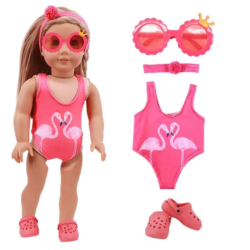 Купальник для куклы 18 дюймов с аксессуарами 18 Inch Doll Bikini Swimsuit Set with Sunglasses & Clogs for American Girl Doll Summer Outfit