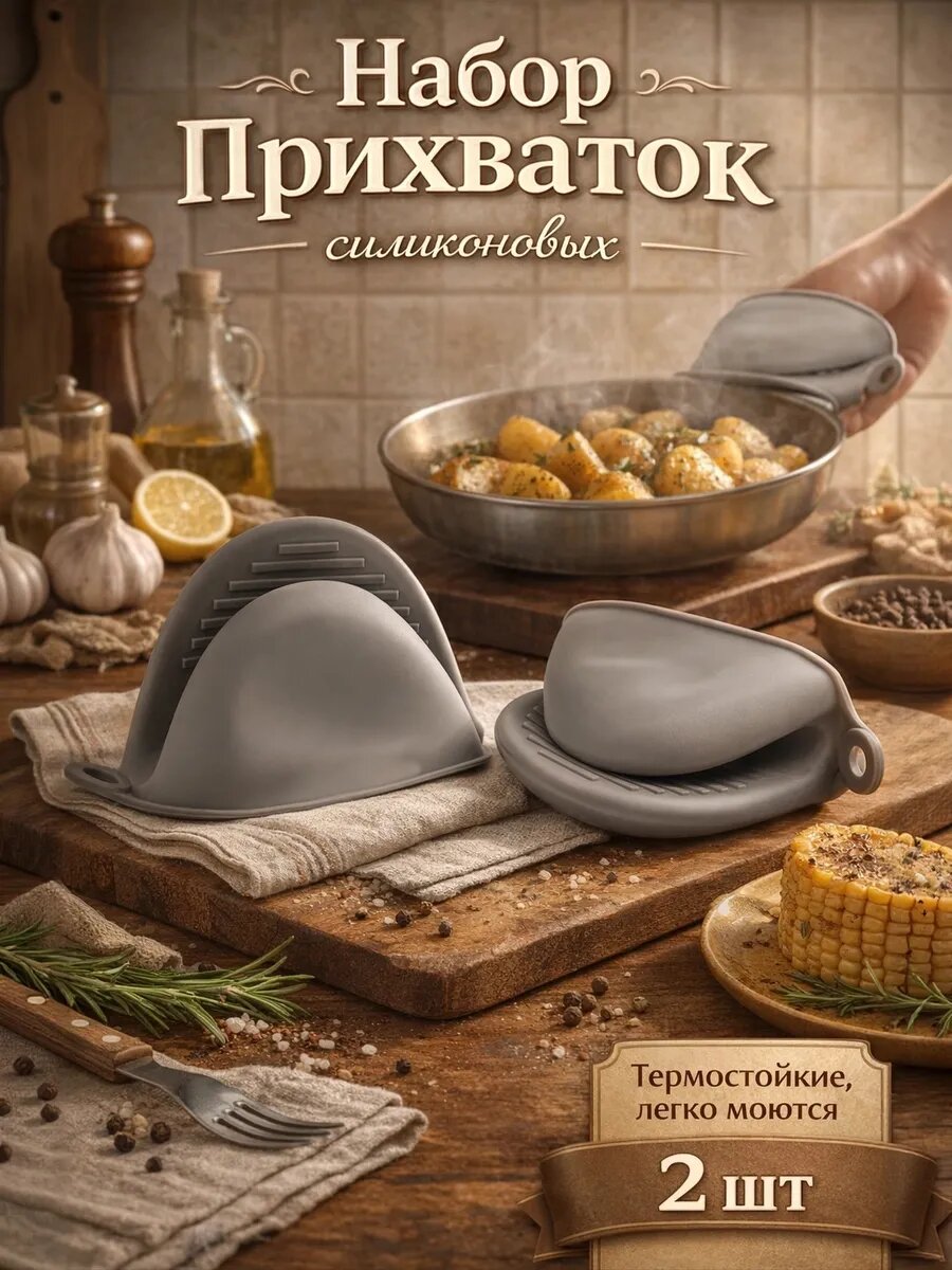 Прихватки кухонные, набор 2 шт, 9×4.5×7.5 см, силикон, цвет серый
