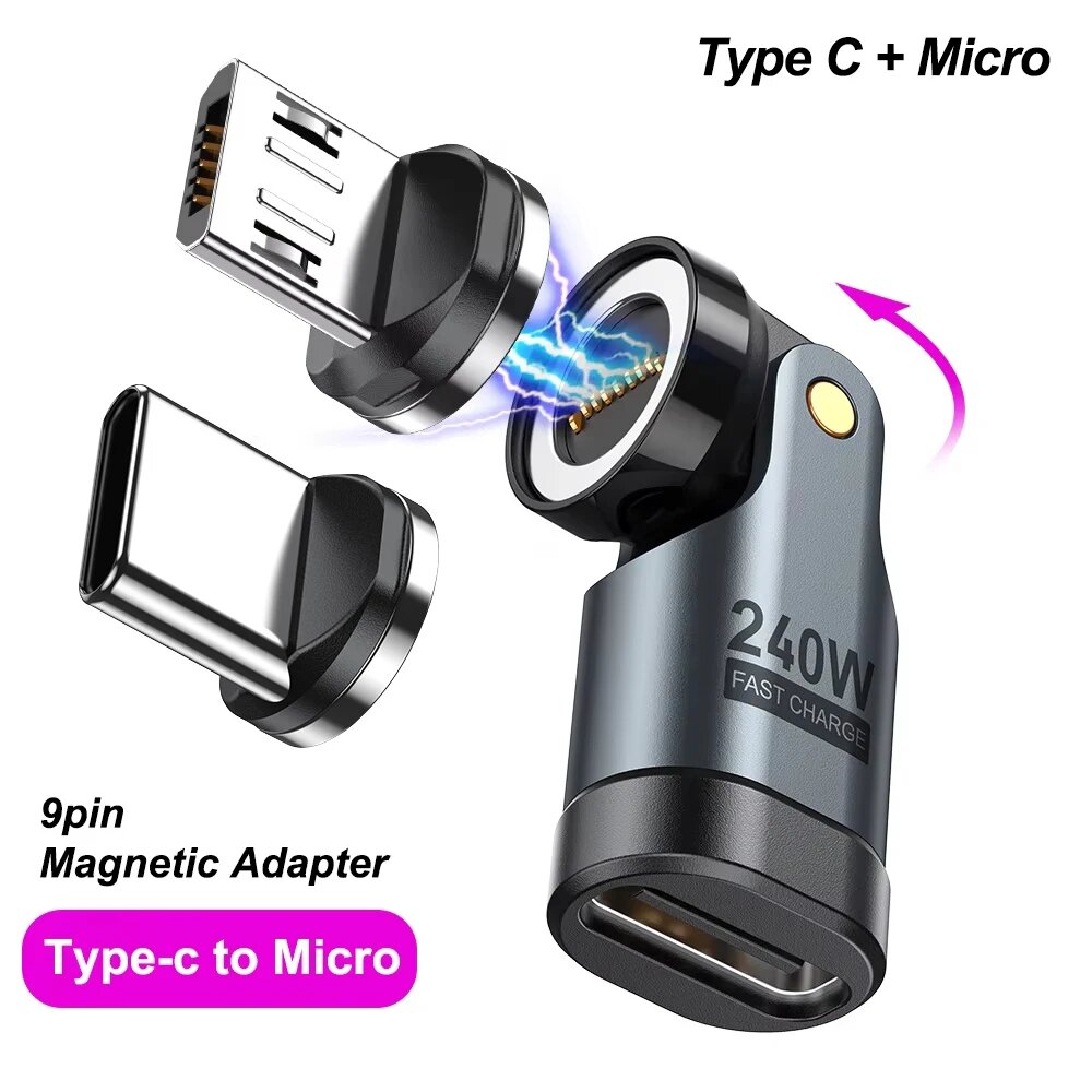 Магнитный адаптер Type-C на Micro USB 240W, Black 9pin TC MC