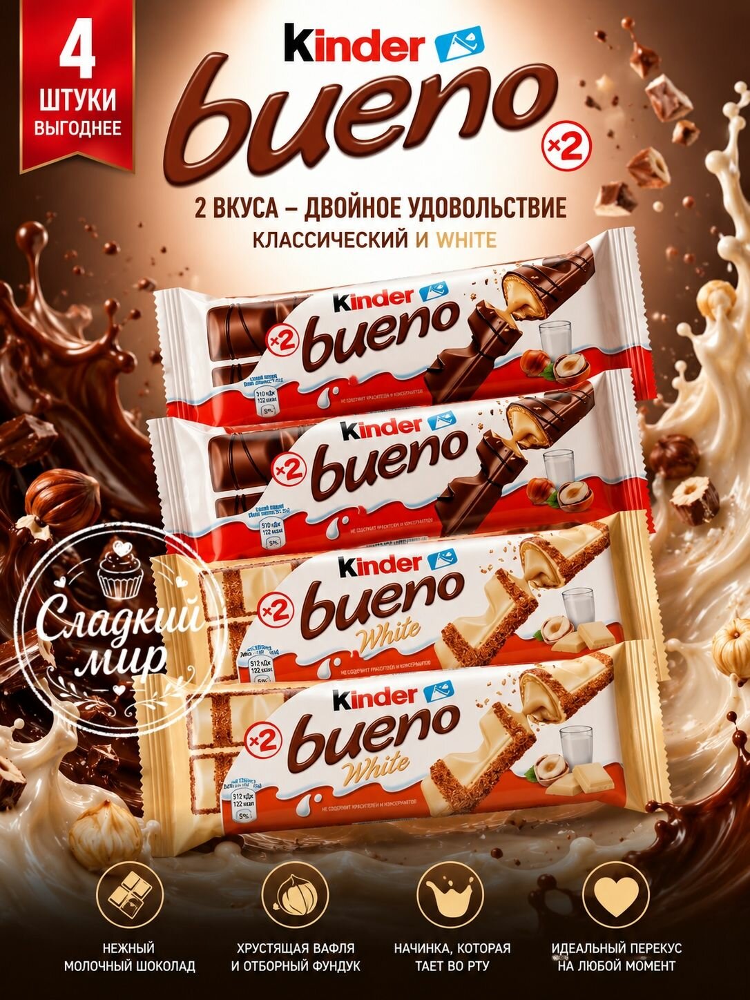 Вафли Kinder Bueno, покрытые молочным и белым шоколадом, c молочно-ореховой начинкой, 4шт
