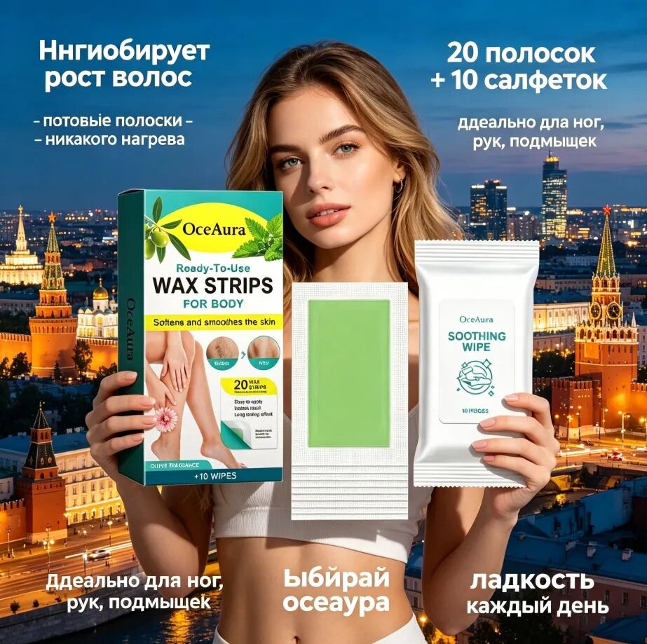 Восковые полоски для тела готовые к использованию с оливковым ароматом 20 шт + салфетки 10 шт