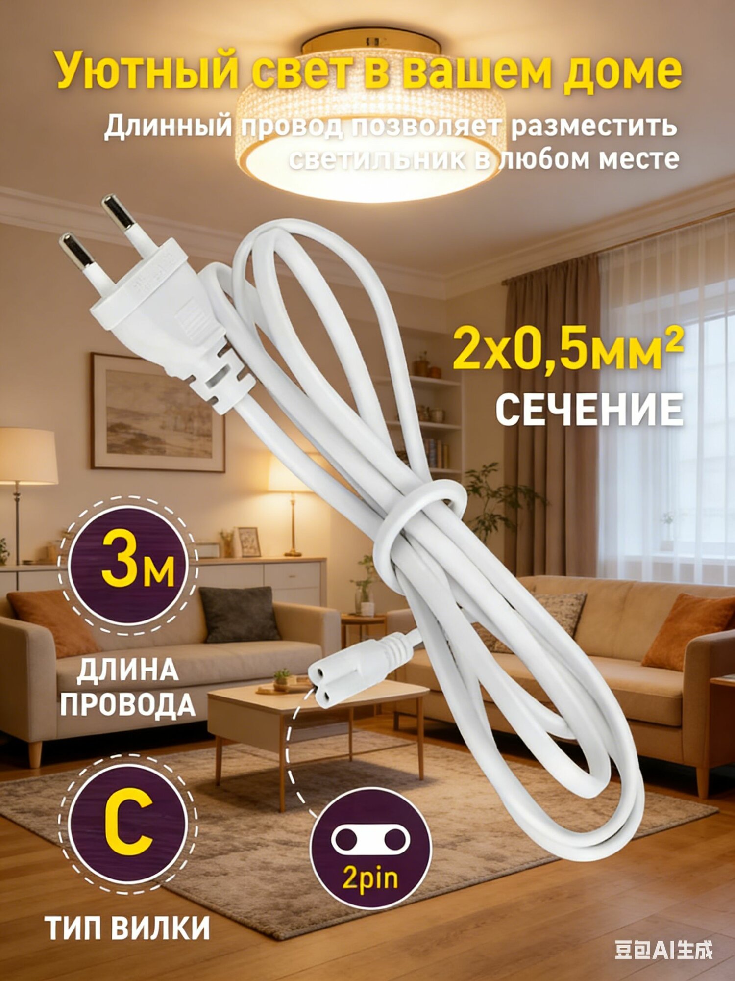 Провод питания 2x0,5 мм , 3 м, тип C, 2pin, для линейных светильников FITO T5-N и T5-Ra90