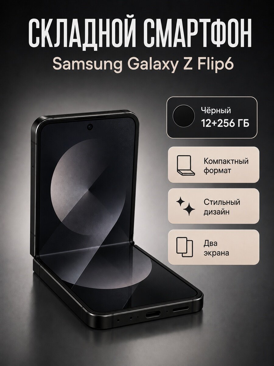 Samsung Galaxy Z Flip6 5G смартфон с поддержкой NFC, 256GB памяти, 12GB оперативной памяти, складный экран, черный