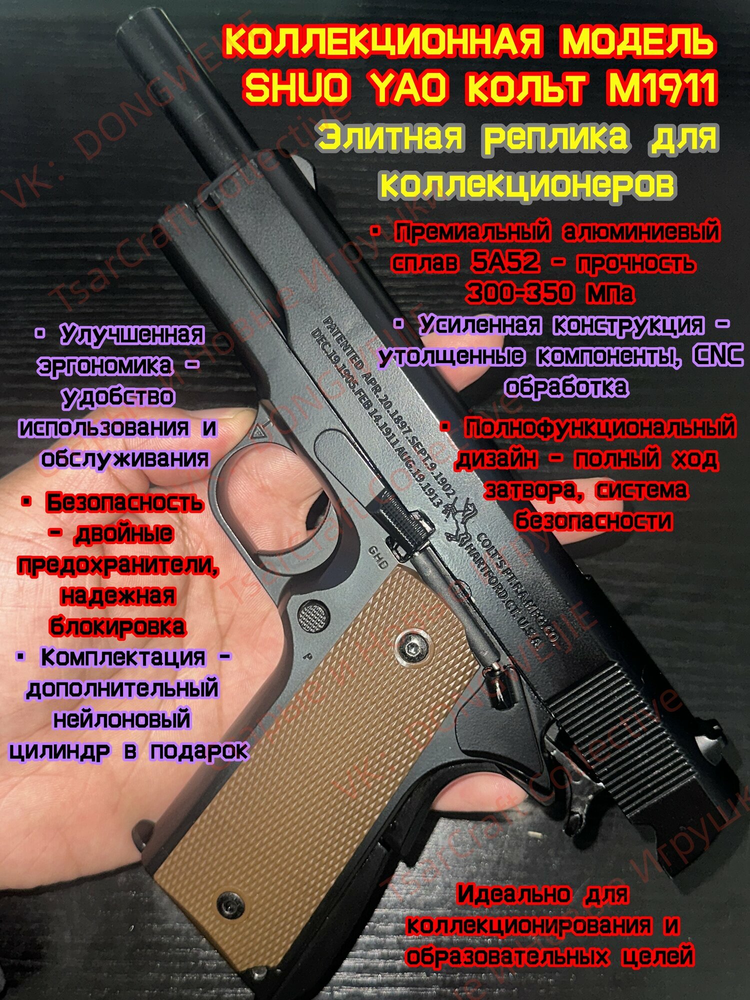 Игрушечный пистолет Colt M1911 SY, металл, коллекционный, 1:1, 6мм BB, двойной предохранитель