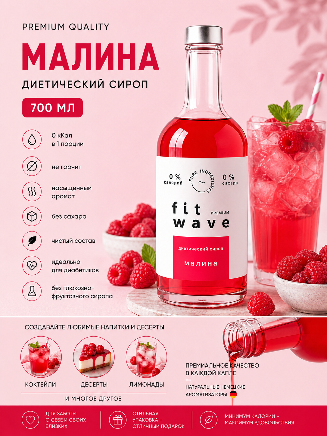 Сироп диетический без сахара низкокалорийный FitWave Малина 700 мл. для кофе
