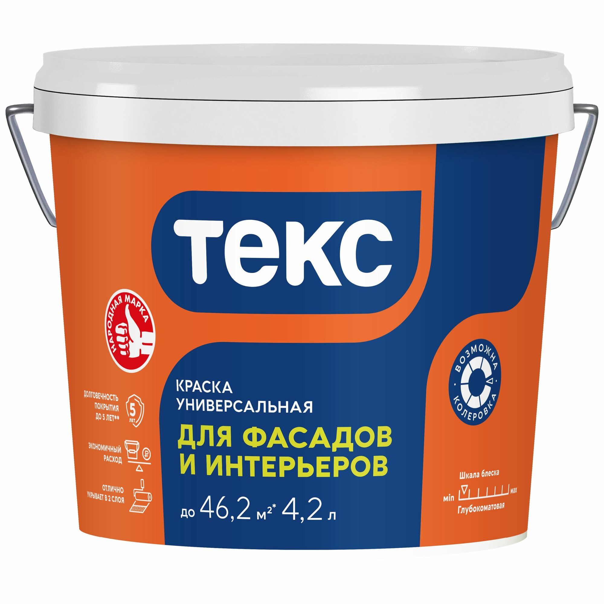 Краска Текс универсальная для фасадов И интерьеров, Белая, 6,5кг/4,2л, матовая, фасадная, для наружных и внутренних работ по минеральным поверхностям, база VVA
