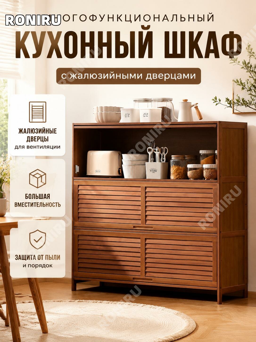 Буфет для кухни и гостиной из бамбука, шкаф у стены для посуды и хранения с пылезащитой, жалюзийной откидной дверцей,4 яруса,110 см