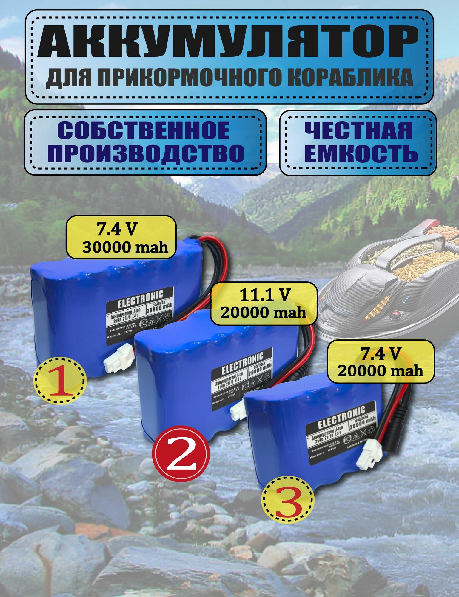 Аккумулятор для прикормочного кораблика 11.1 В 20000 mАh