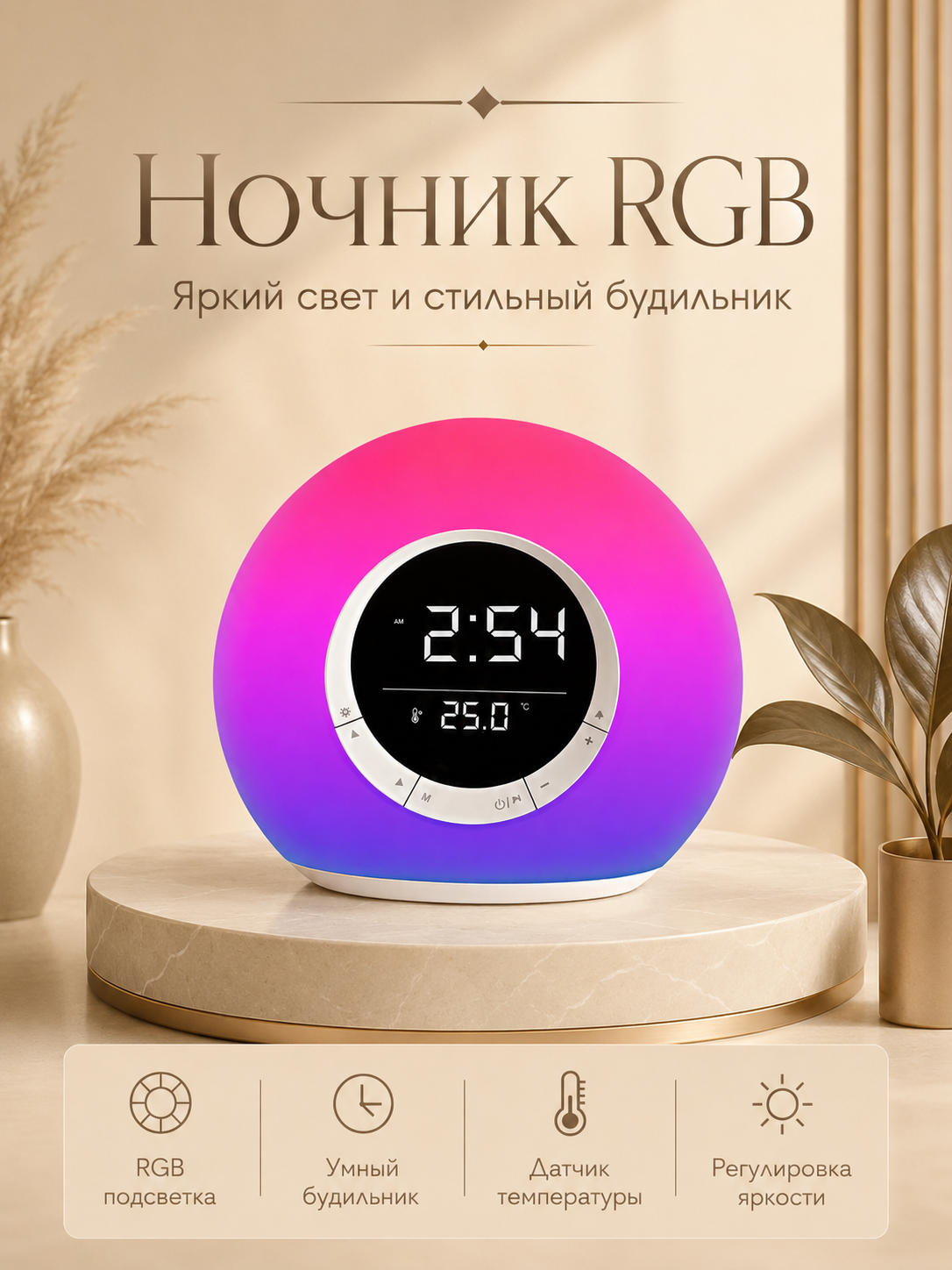 Ночник RGB с часами, Настольный портативный cветодиодный светильник, Будильник, 10 режимов подсветки, 3600 mAh