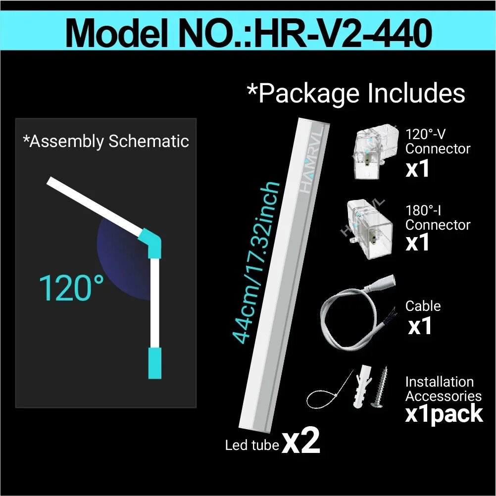 Светодиодная лампа HR-V2-440, 2 шт, 120°, 44 см