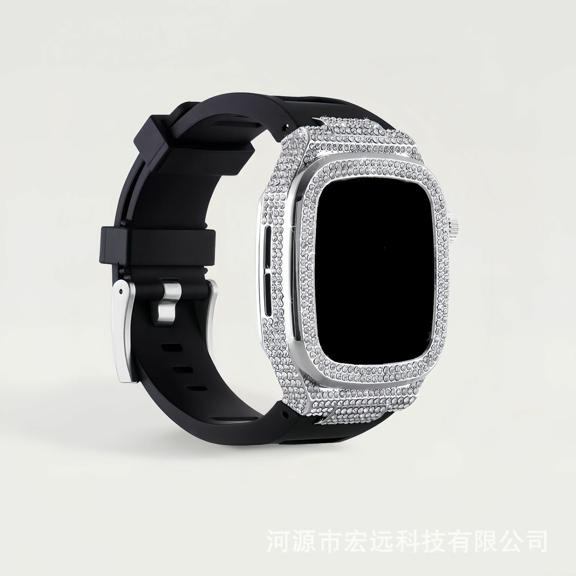 Кольцо с диамантами серебряный чехол для Apple Watch 44/45 мм с черным ремешком, премиум защитный чехол для серии 7 8 SE