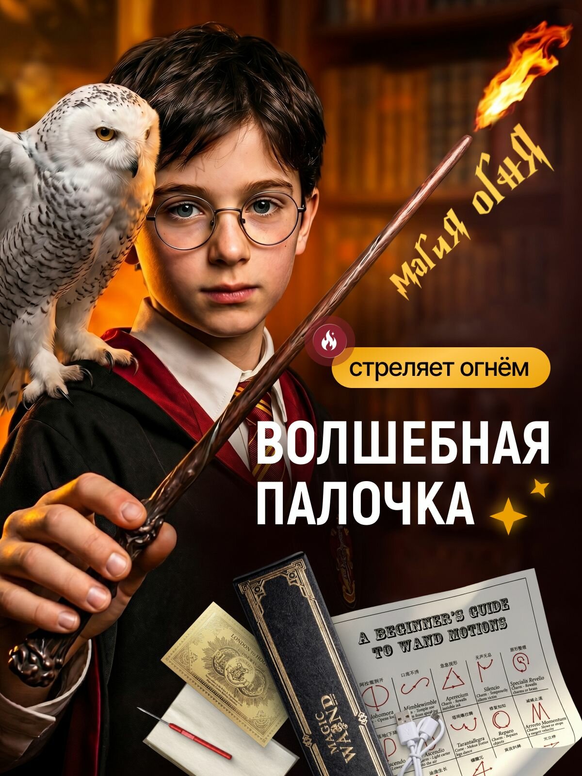 Волшебная палочка Гарри Поттера стреляющая огнем в подарочной коробке