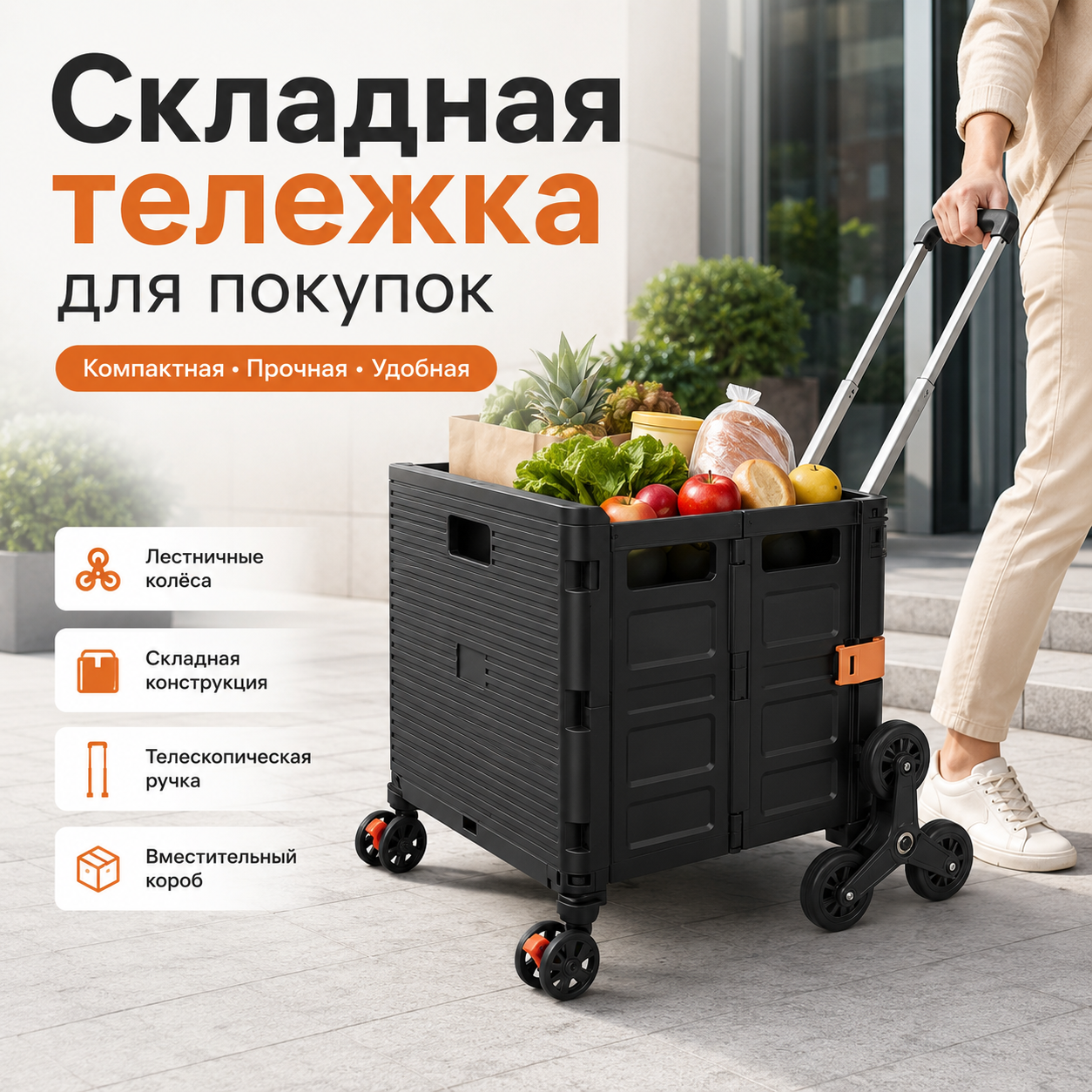 Складная тележка для покупок с колесами для подъема по лестнице