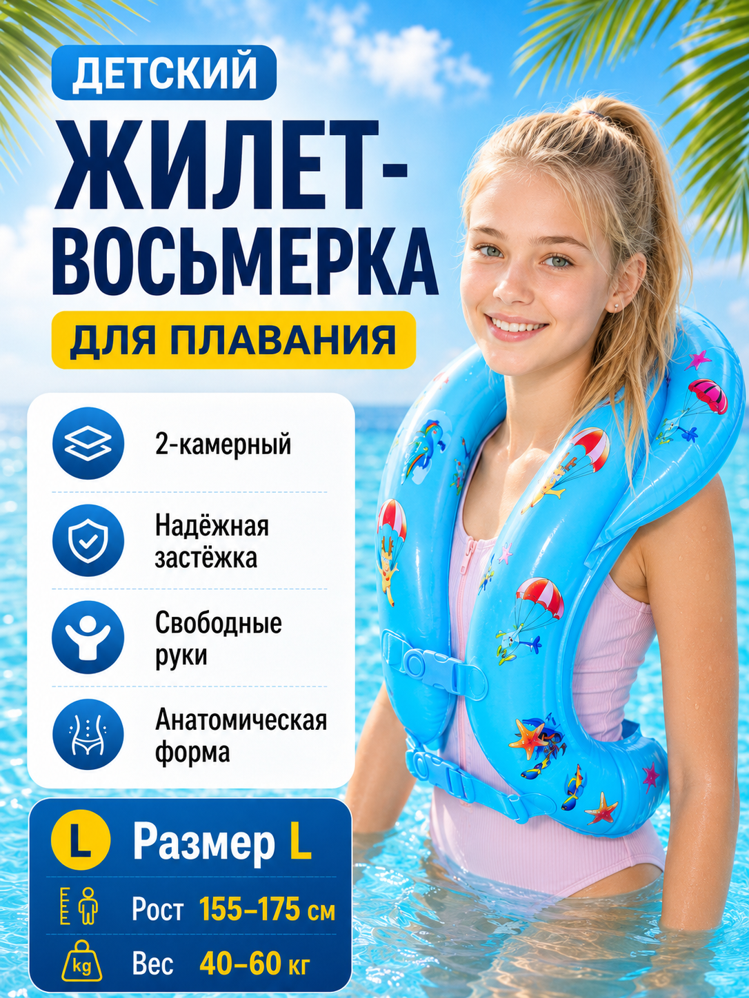 Жилет для плавания восьмерка надувной L 40-60кг