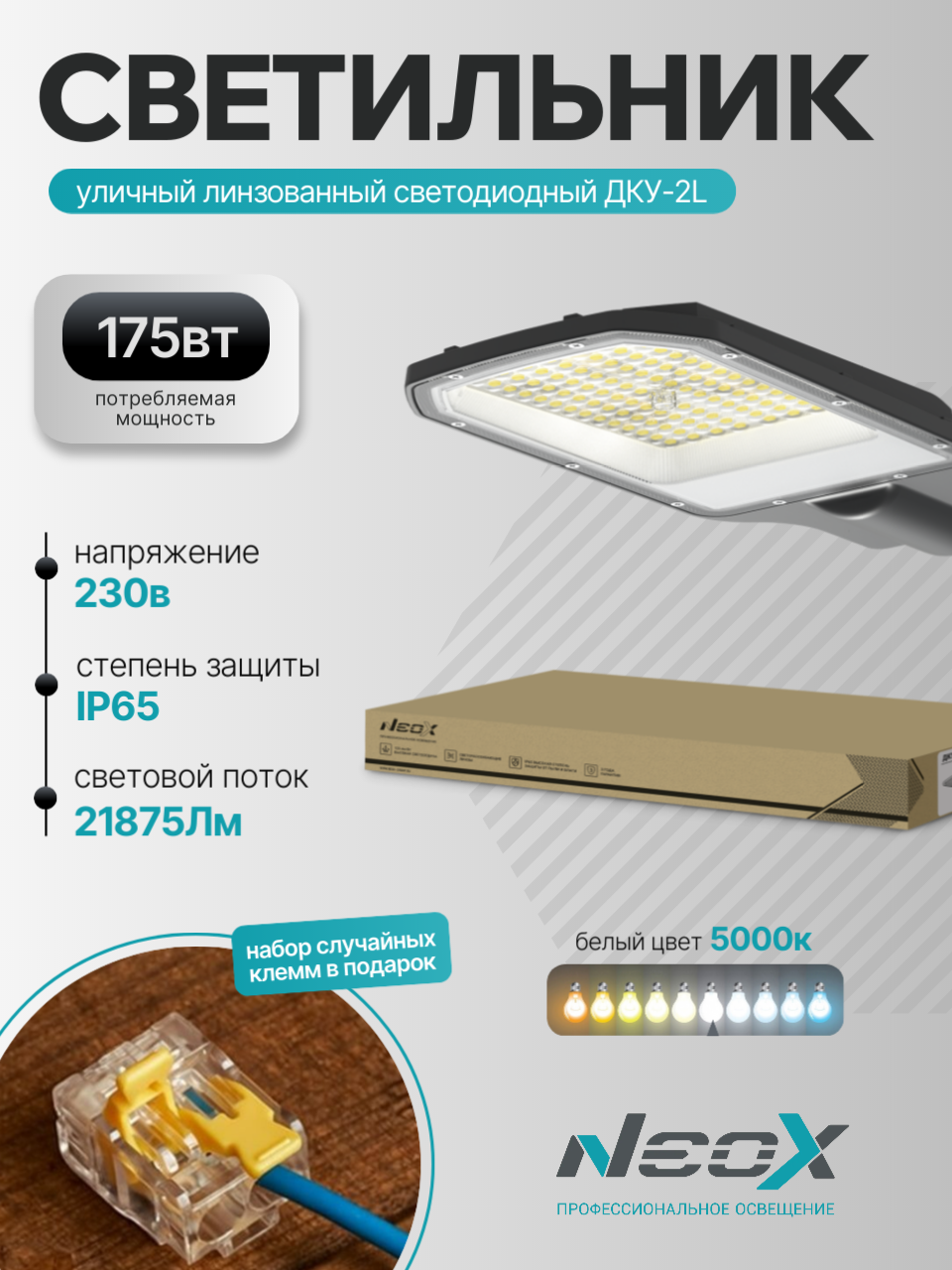 Светильник уличный линзованный светодиодный ДКУ-2L 175Вт 230В 5000К 21875Лм 125лм/Вт 48-70мм IP65 NEOX