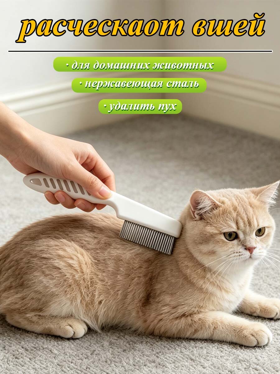 Расческа для кошек, гребень для собак, чесалка, дешеддер от клещей и блох, цвет белый вычесывание подшерстка груминг от паразитов