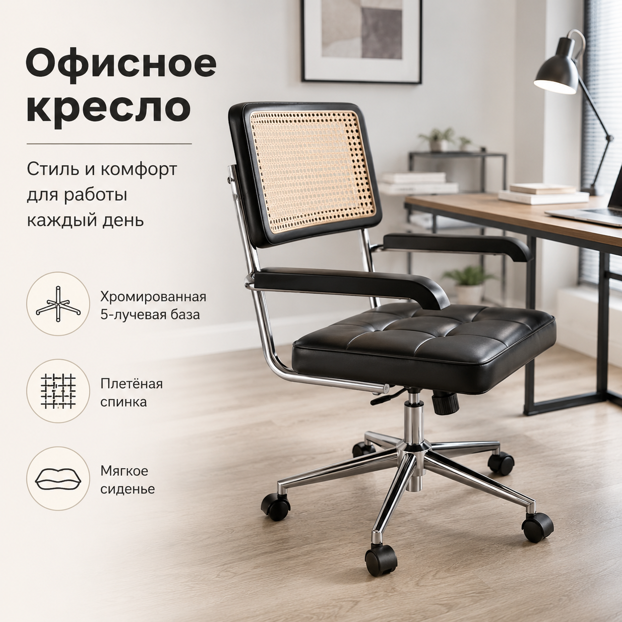 Стул-кресло на колёсах из дерева с ротанговыми вставками, подъемное поворотное кресло в стиле мид-сенчури для