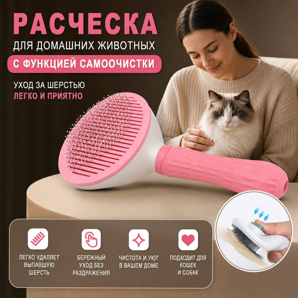 Фурминатор для вычесывания подшерстка собак, розовый, удаление подшерстка