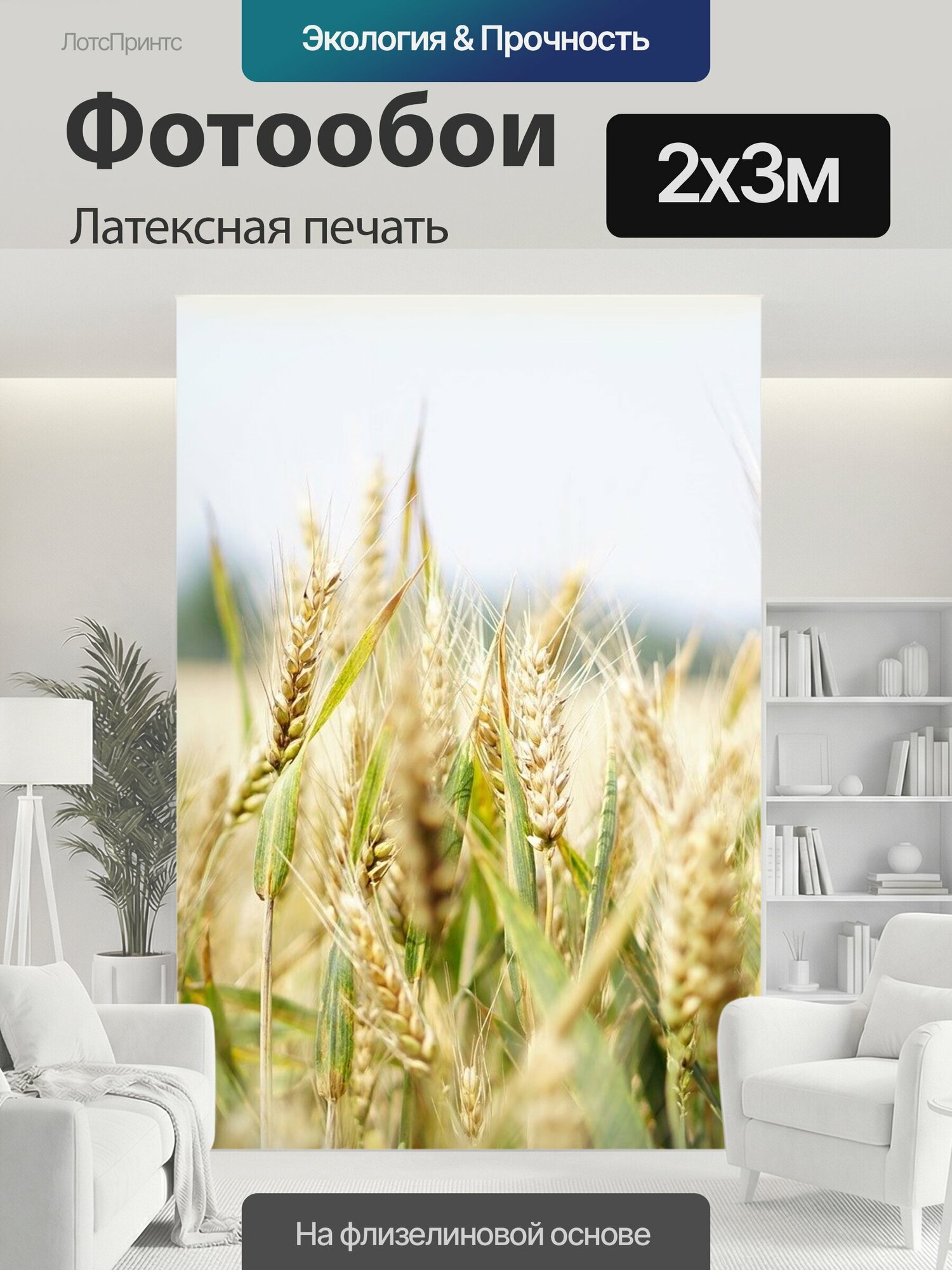 Фотообои моющиеся ударопрочные "Пшеница, пшеничное поле, кукурузное поле" 200x300 см. латексная печать