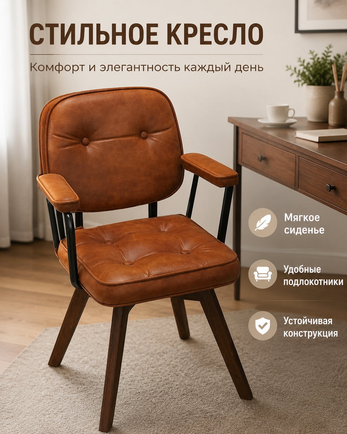 Кресло ASDF, с жесткими подлокотниками, вращающееся, классическое, коричневое