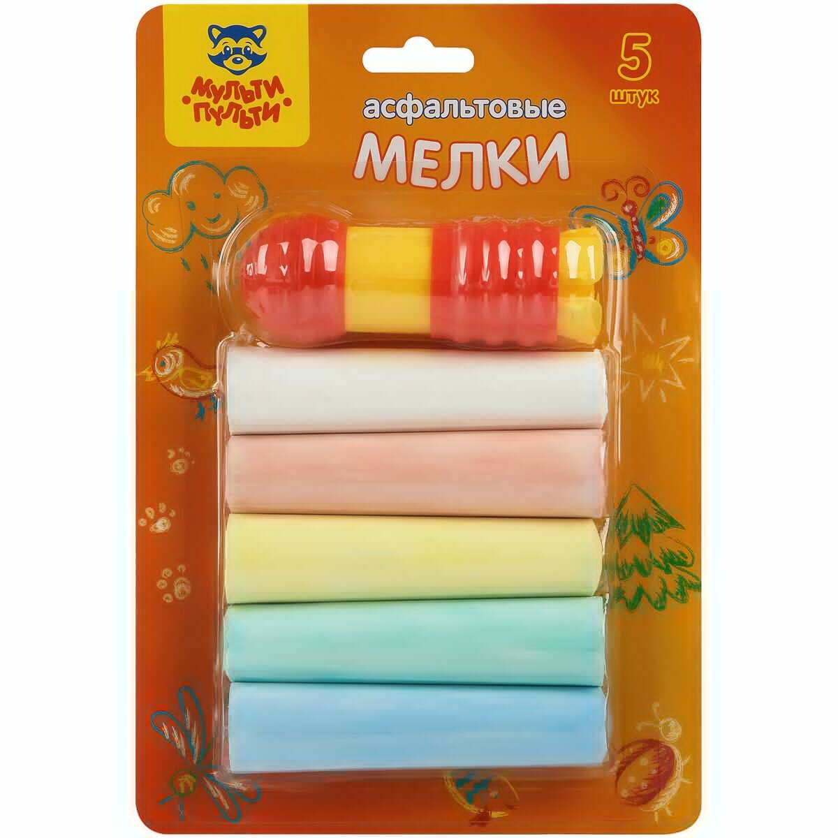 Мел цветной асфальтный Мульти-Пульти, 5 цветов, круглые, с держателем, 5шт, блистер (АМ_50481), 12 уп.