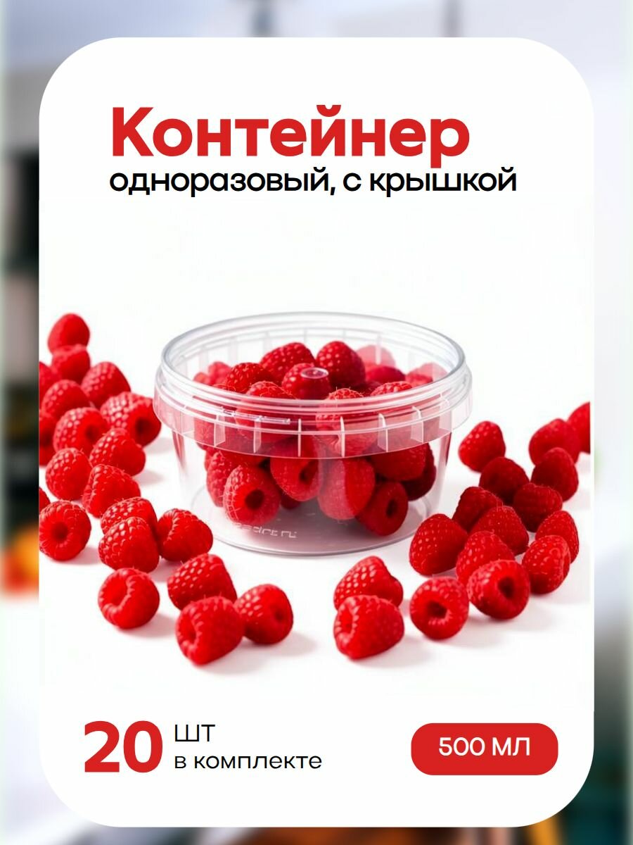 Контейнер пластиковый, пищевой, одноразовый 500мл с крышкой, с контрольным замком 20шт.