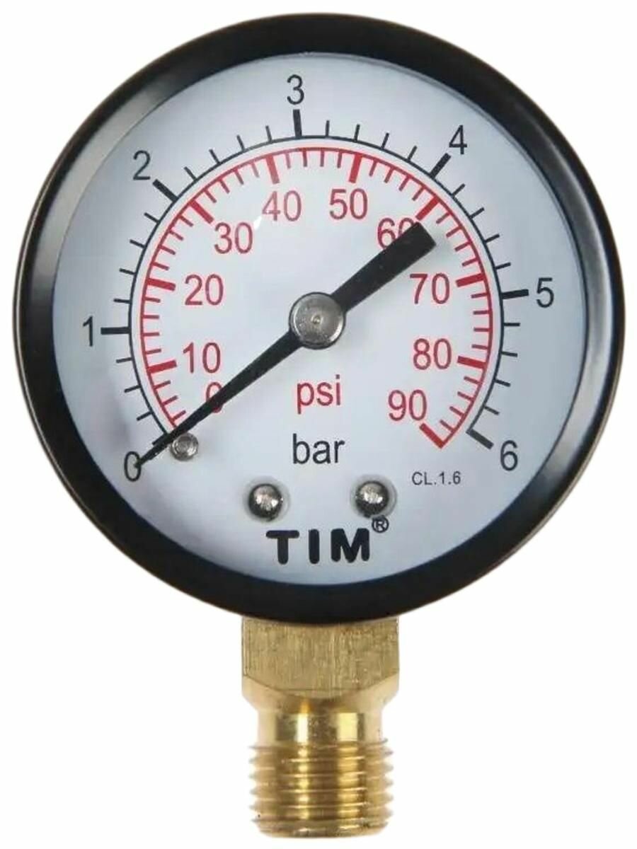 Манометр радиальный Tim 0-6 бар Дк50мм, наружная резьба1/4", класс точности 1.6, Y-50-6