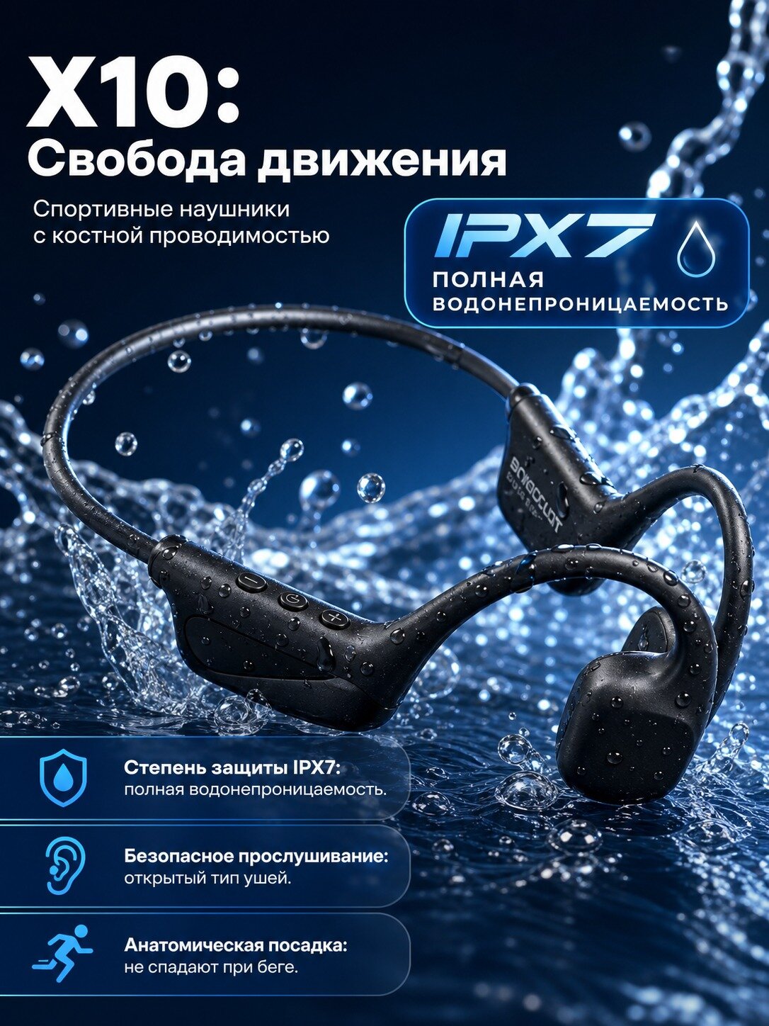 Беспроводные наушники XIXS X10, костная проводимость, не вкладыши, водонепроницаемые для плавания, Чёрный