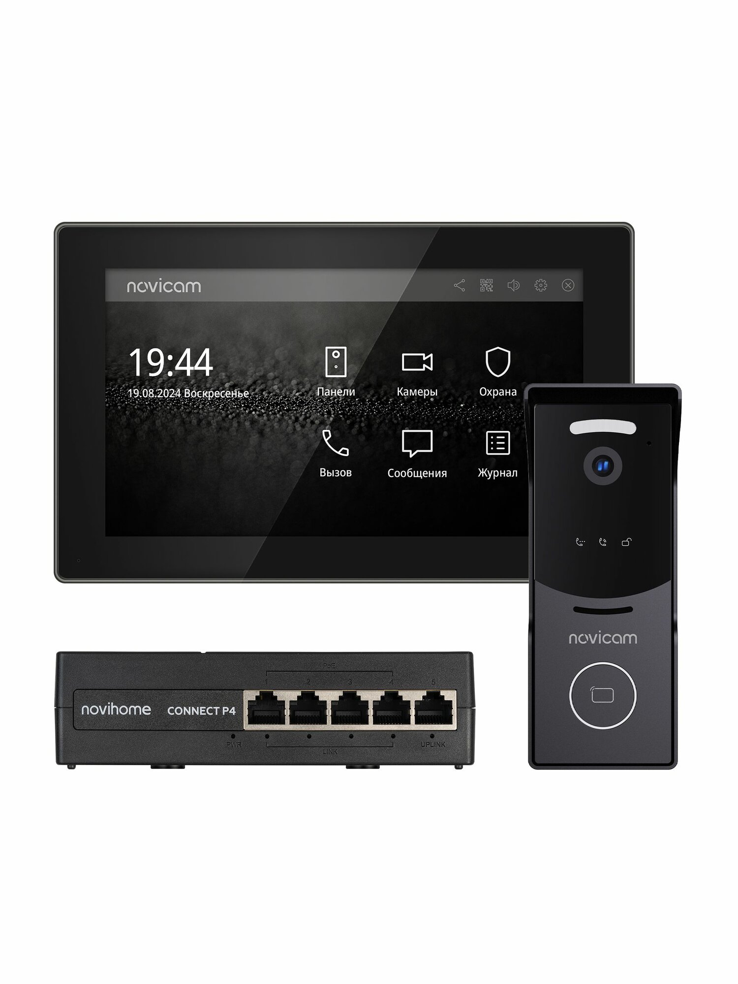Комплект IP-видеодомофона Novicam ACE 10 IP KIT BLACK. Сенсорный видеодомофон, вызывная панель со считывателем, PoE-коммутатор. Поддержка SIP. Приложение Smart Life