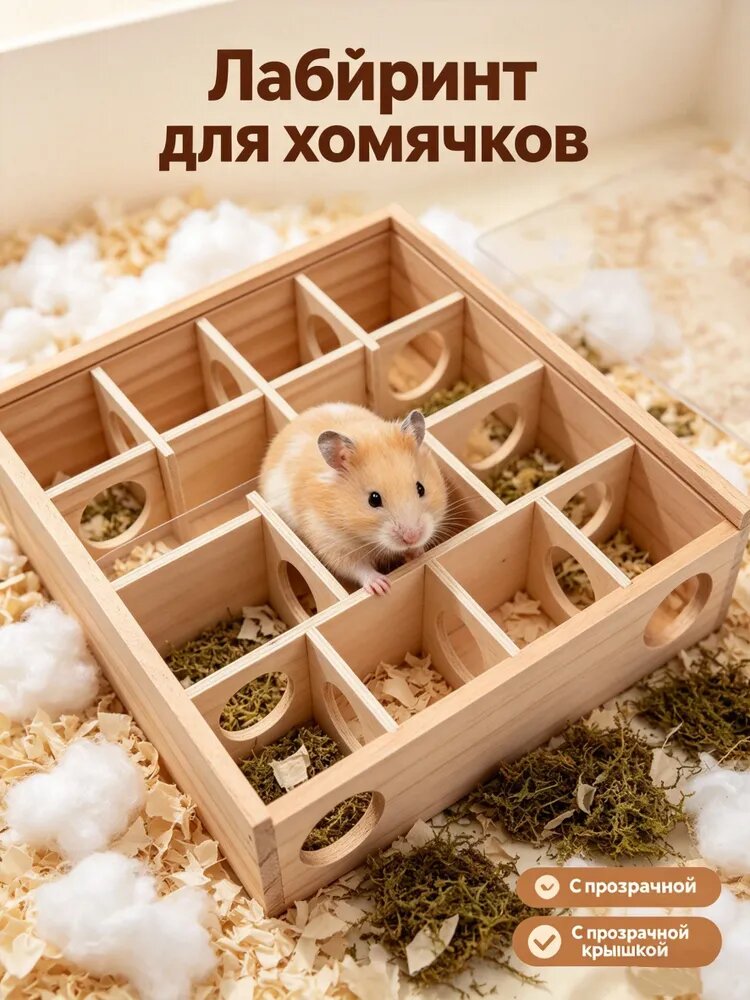 Деревянный туннель-лабиринт с стеклянной крышкой, для хомячков и мышей