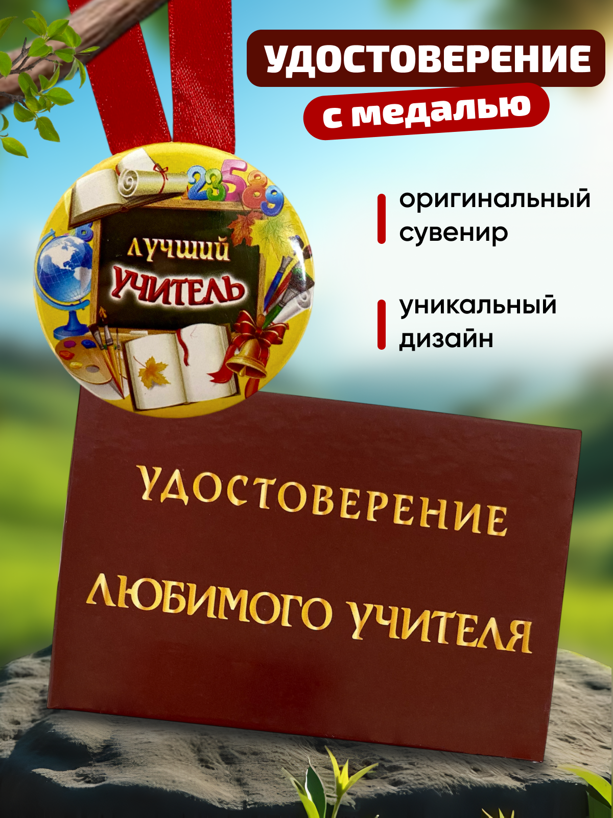 Прикольный набор Шуточное удостоверение "Любимого учителя" + Медаль "Лучший Учитель", подарок теще