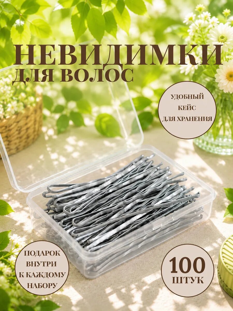 Невидимки для волос металлические 100 штук, серые, волнистые