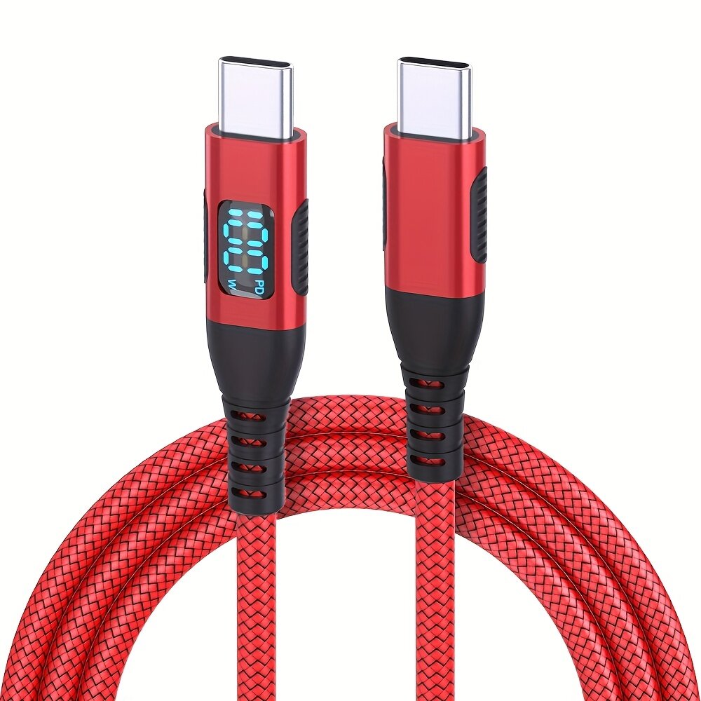 Кабель USB-C на USB-C 100W быстрая зарядка, цифровой LED-дисплей, нейлон, 20В/5А, передача данных, 100 см, красный