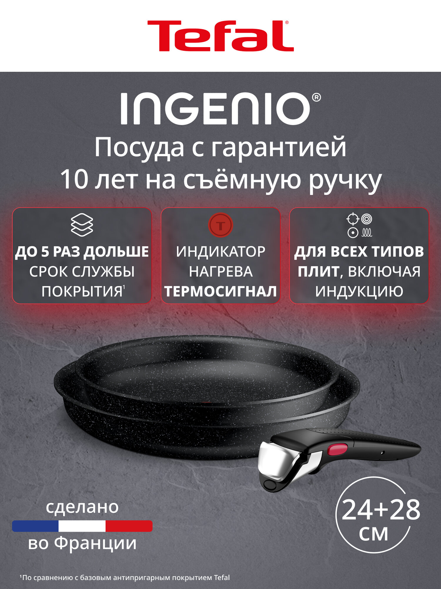 Набор Tefal Ingenio Expertise P0029072, сковороды 24 и 28 см, съемная ручка, антипригарное покрытие, для всех плит