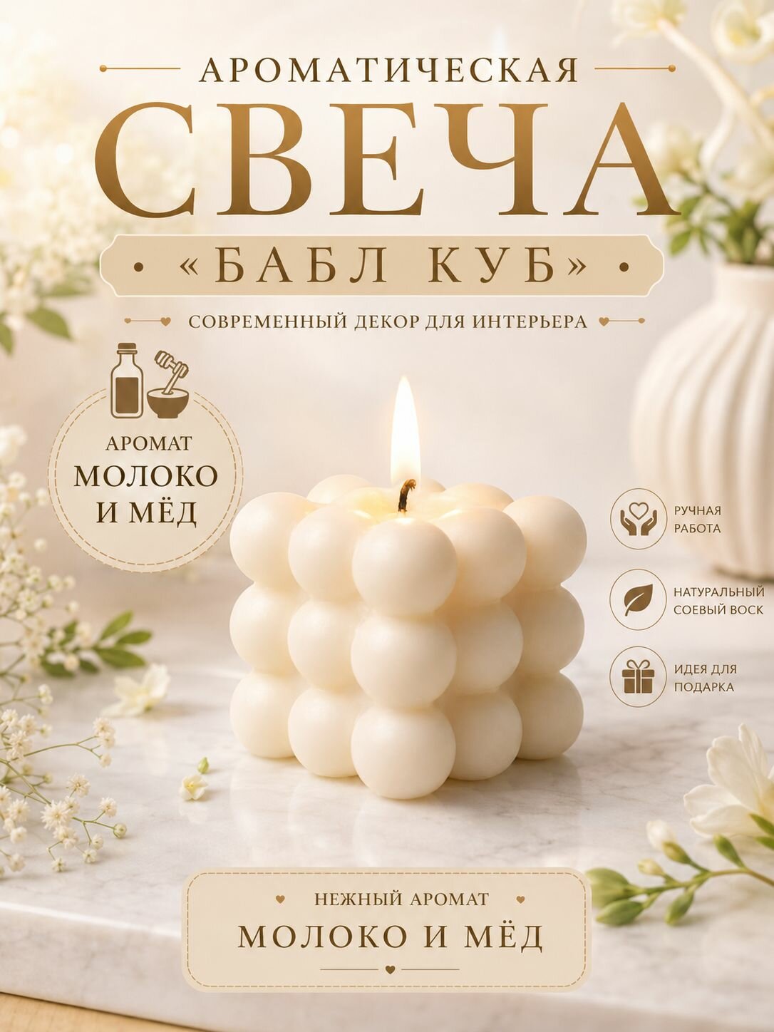 Ароматическая свеча Бабл куб , декоративная свеча для интерьера, Молоко и мёд, 6,5х6,5 см