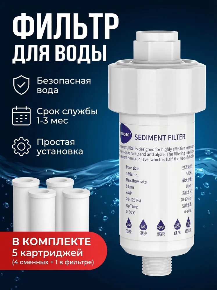 Фильтр грубой очистки воды 5 микрон (8 л/мин) для дома и дачи, ресурс до полугода, установка за секунды, NSF/ANSI 42