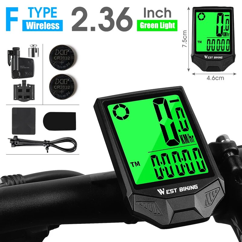 West Biking Беспроводной велокомпьютер зеленый Черный, F Handlebar Green