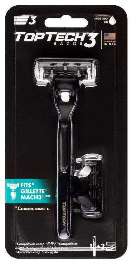 Бритвенный станок TopTech "Razor 3", мужской, 2 сменные кассеты, совместимы с Gillette Mach 3 (RMS-3002)