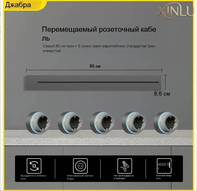 Трековые розетки, накладная металлическая шина 80 см + 5 евро розетки+1 usb & Type C, серый