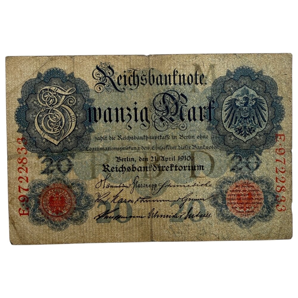Германская империя (Германия) 20 марок 1910 г. (Без ВЗ) (Литера M) (Серия E) (7-значный номер)