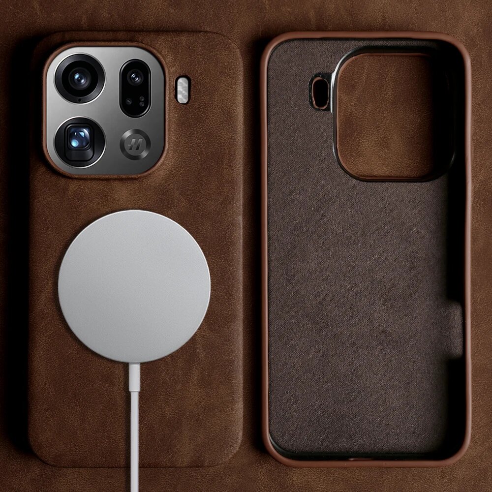 Премиальный кожаный чехол Magsafe для OPPO Find X7 Оппо Файнд Х9 Про, Коричневый, Dark Brown 26305