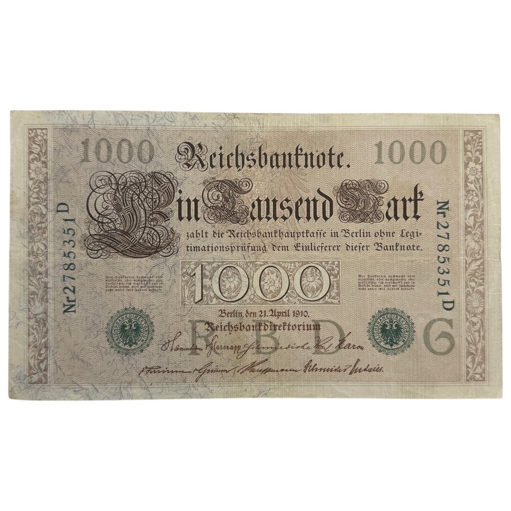 Германская империя 1000 марок 1910 г. (Зелёные печати) (Литера G)(Серия D)(7-значный номер) (Лот №2)